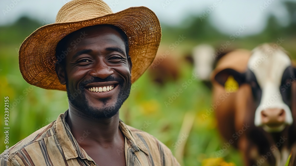 Cows thinking or happy black man on farm agriculture for livestock ...