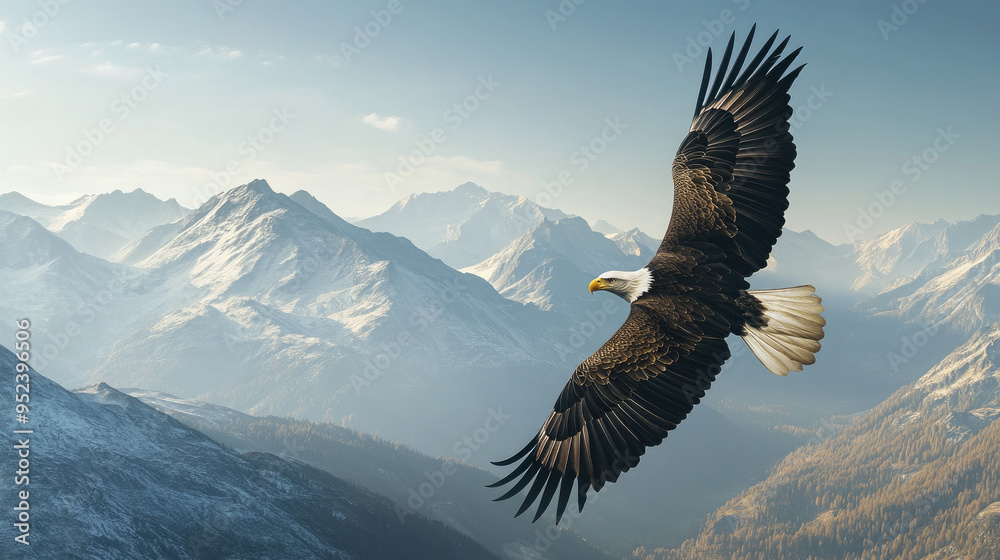 A bald eagle soaring high above a mountain range, its wings spread wide ...
