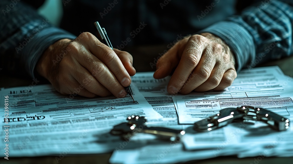 Tax evasion crime and fraud concept Man in handcuffs filling out tax ...