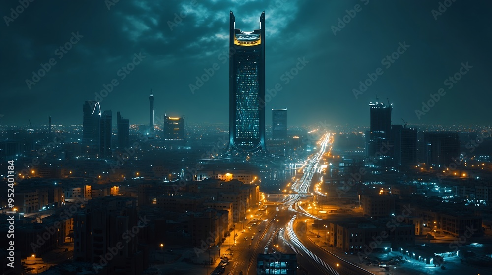 Kingdom of Saudi Arabia with a night view Kingdom Tower Riyadh skyline ...