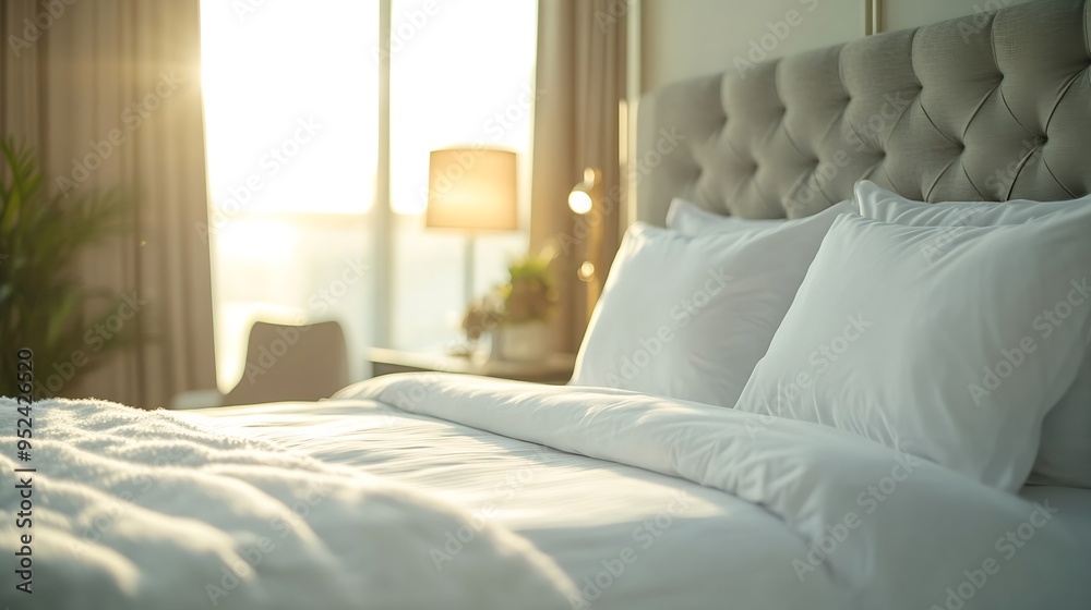Clean made hotel bed with white linens Pillow blanket on a bed with a ...