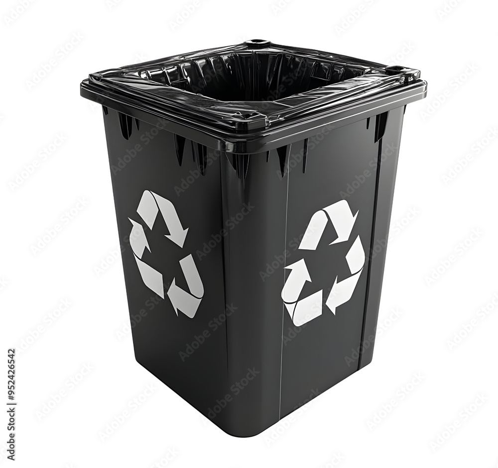 Black recycling bin designed for eco-friendly waste disposal, featuring a recognizable recycling ...