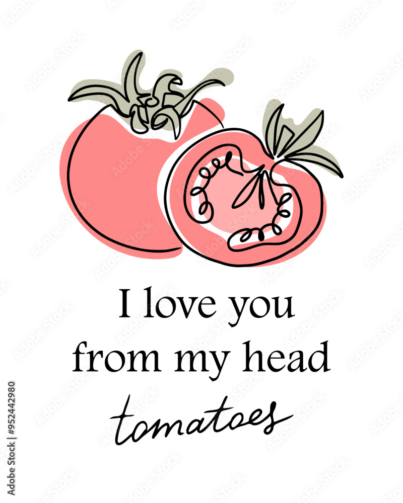 Vegan contour composition with red tomatoes drawing in boho style and ...