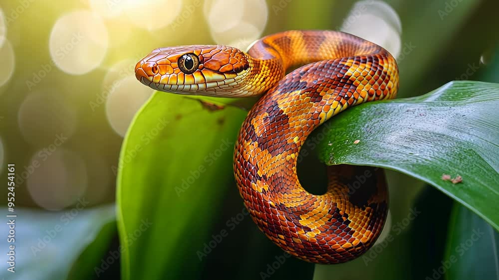 Footage A vibrant snake resting on a leaf, showcasing its colorful ...