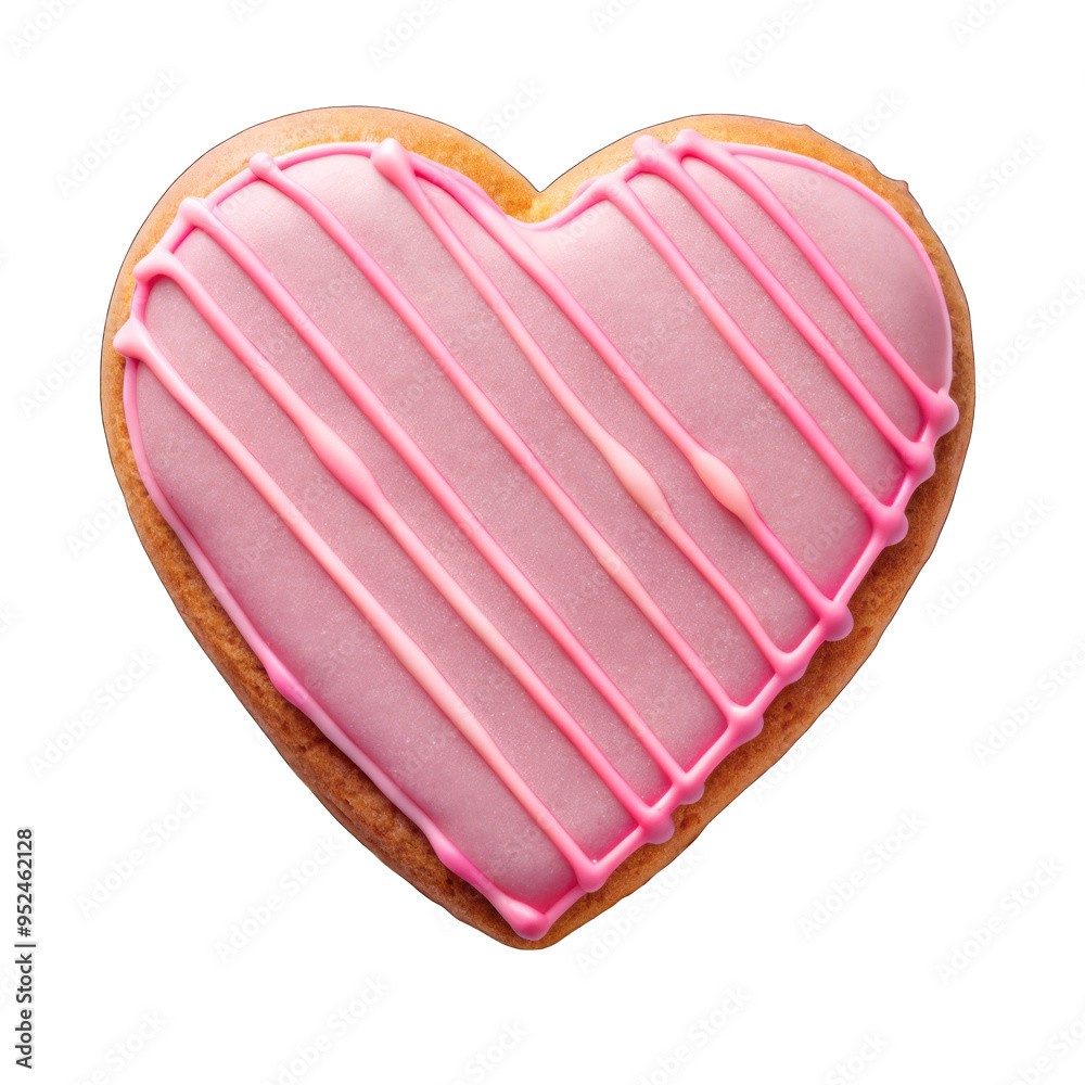 Pink heart shaped, icing drizzled cookie top view isolated on ...