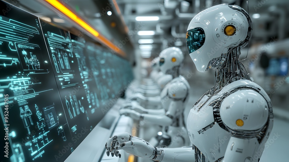 Robot design lab featuring holographic displays and advanced robotic ...