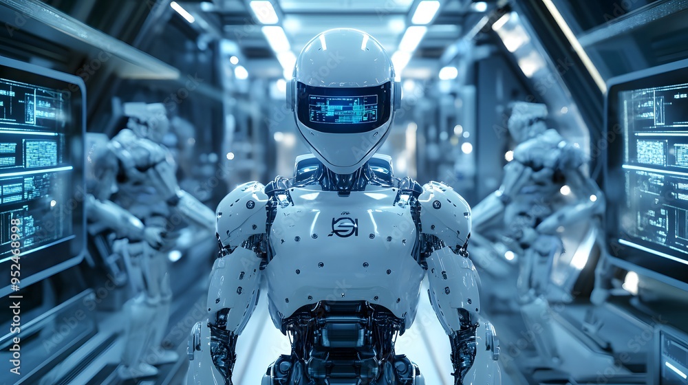 Robot design lab featuring holographic displays and advanced robotic ...