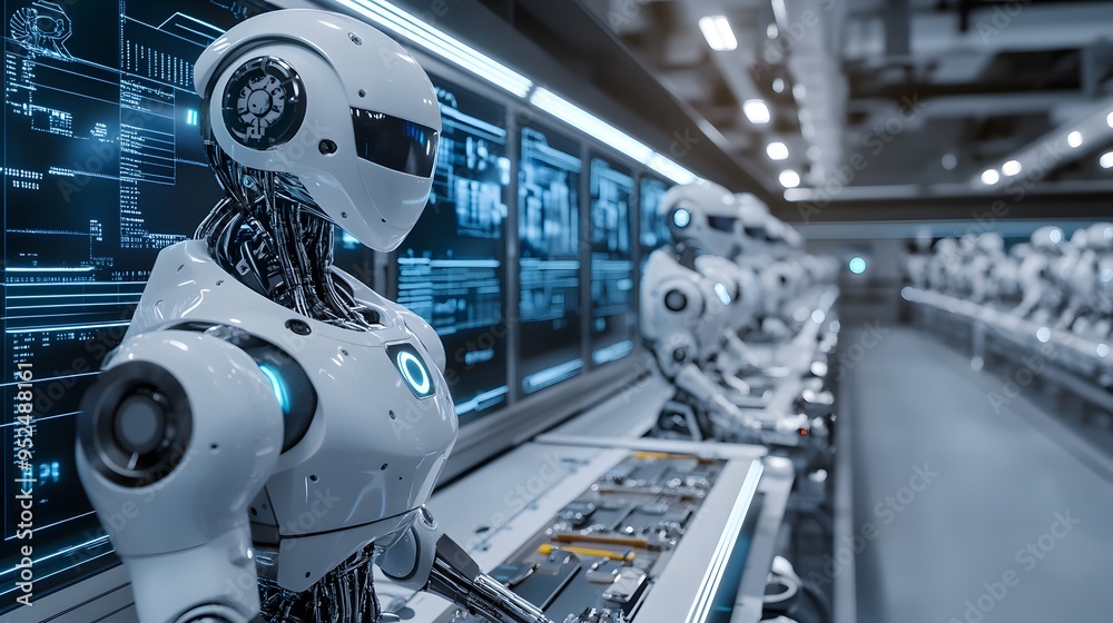 Advanced robot lab with holographic screens and robotic parts in ...