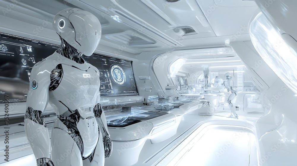 Futuristic robot lab with advanced assembly and holographic displays ...