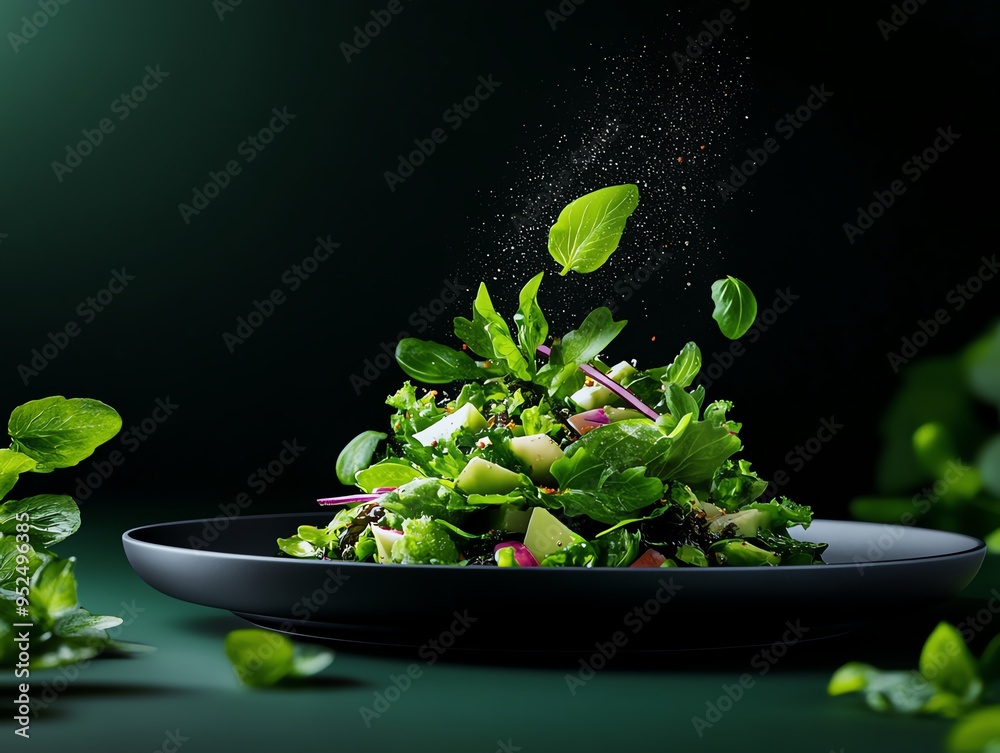 A vibrant salad made from Antarctic sea vegetables, arranged on a sleek ...