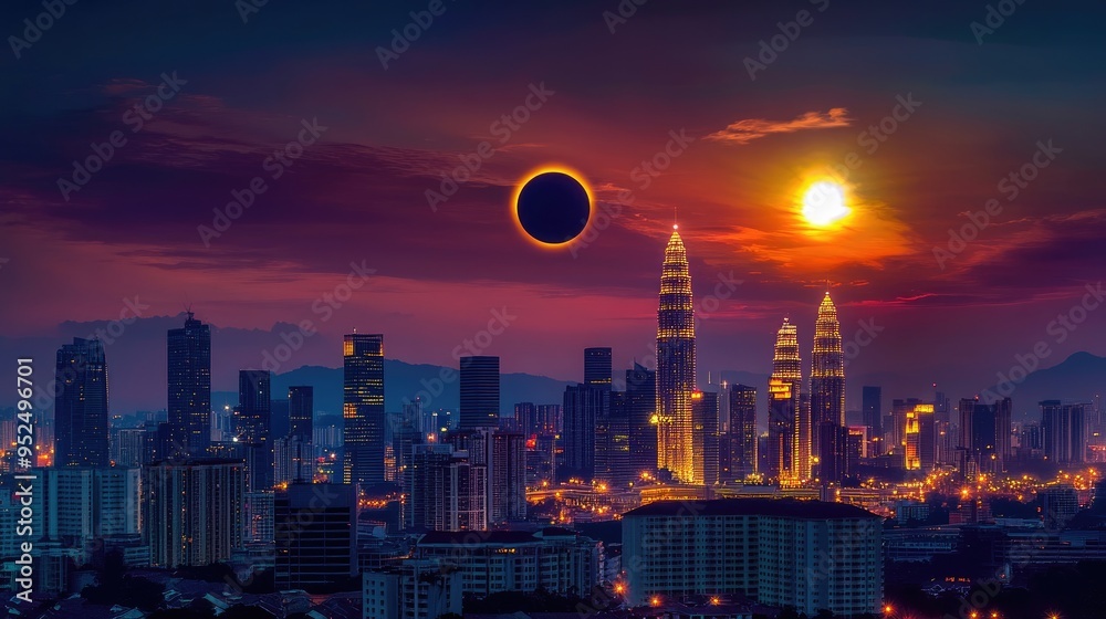 Kuala Lumpur skyline under the dramatic colors of a partial annular ...