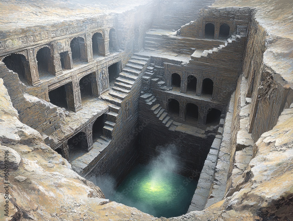 Ancient Stepwell with Multi-Level Architecture and Mystical Green Water ...