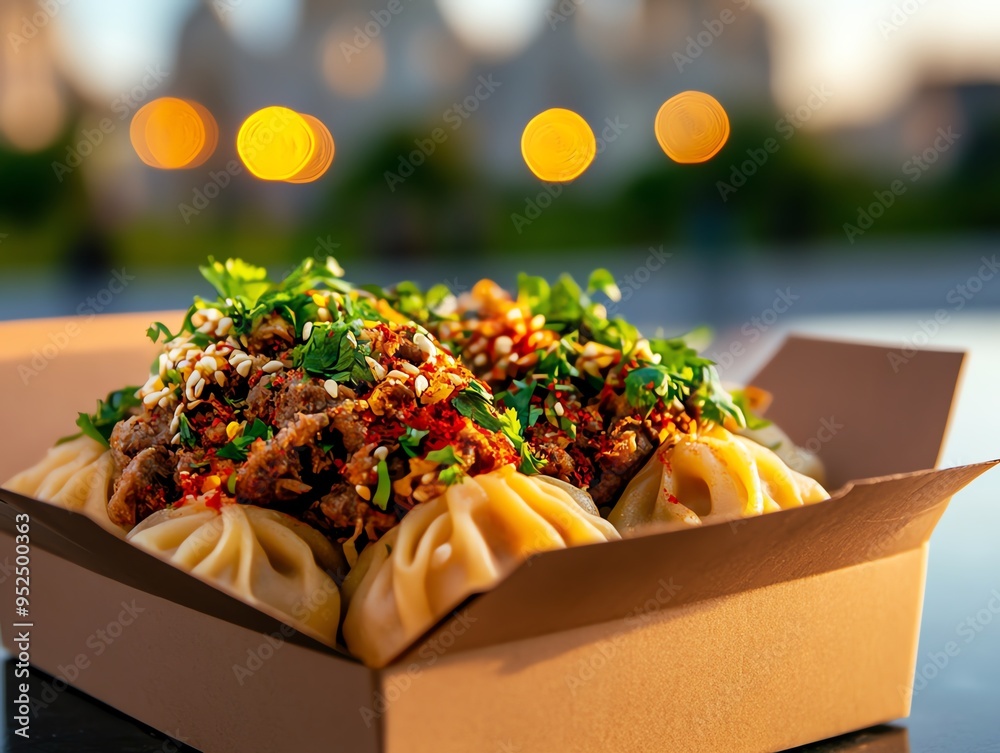 Ecofriendly packaging of Turkmen manty, steamed dumplings filled with ...