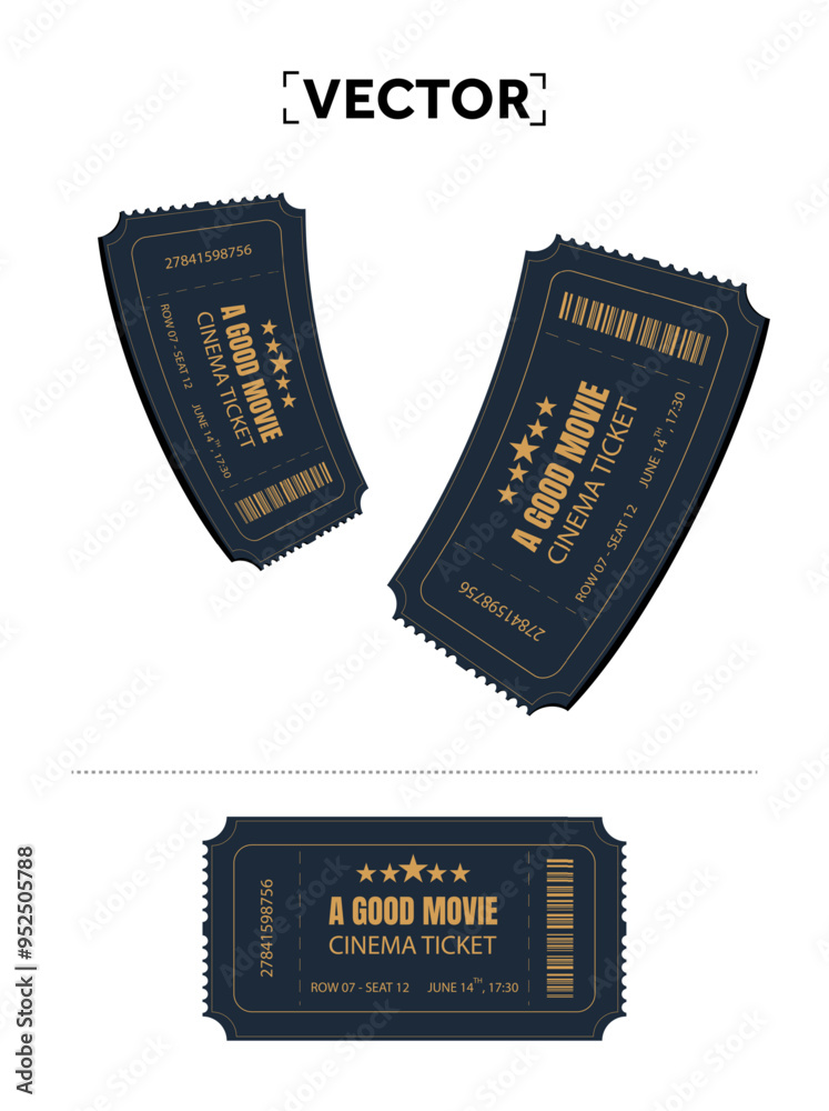 3d flying movie tickets template in blue navy color with barcode ...