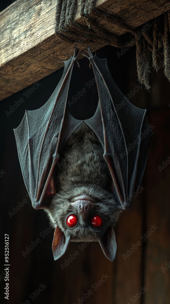 A vampire bat hanging upside down in a dim environment, showcasing its ...