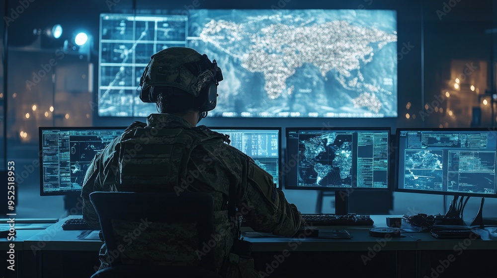Tactical operations in a modern war room, featuring a soldier ...