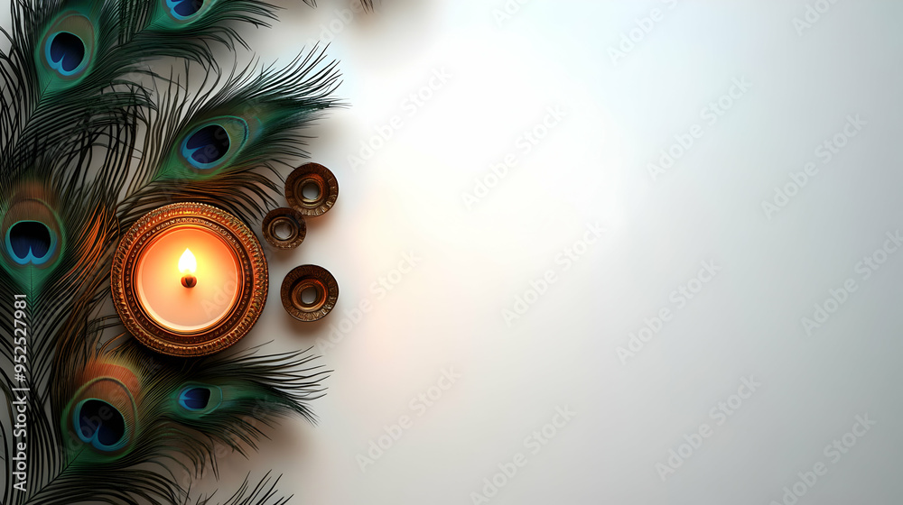 3D Diya and Peacock Feather Border concept as Horizontal frame with a ...