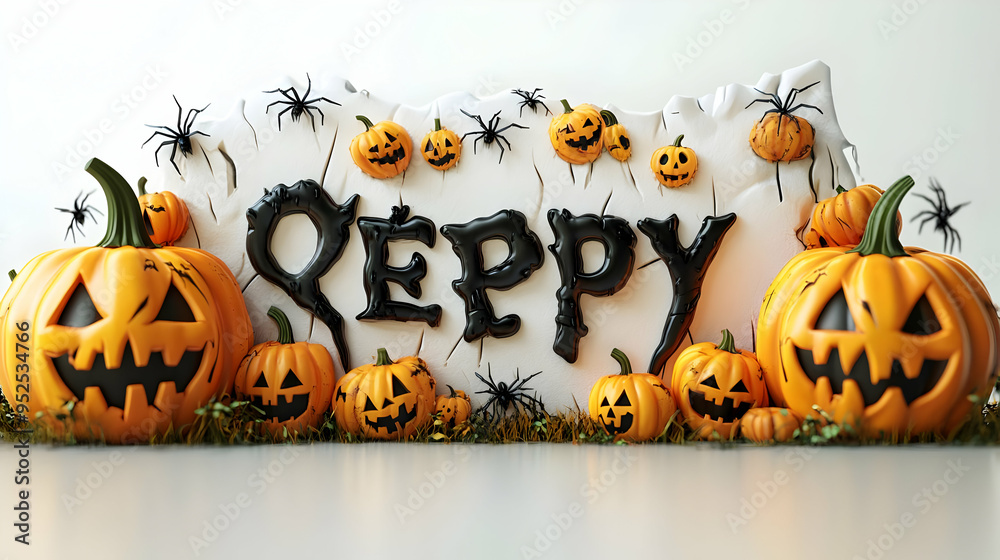 3D Pumpkin and Spider Border with Creepy Text concept as A creepy ...