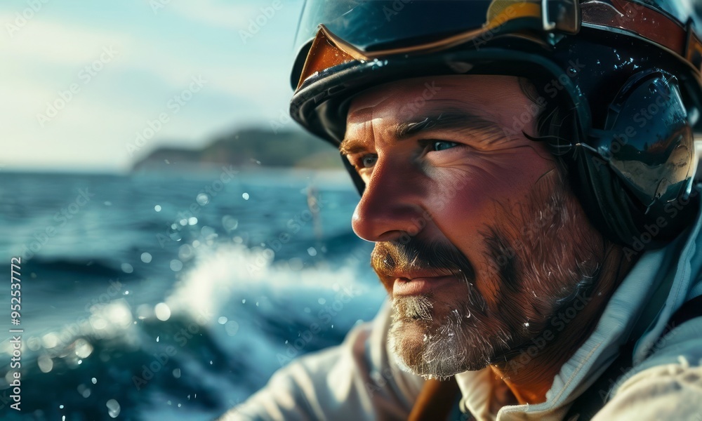 A rugged male sailor, wearing a cap and jacket, steers a boat through ...
