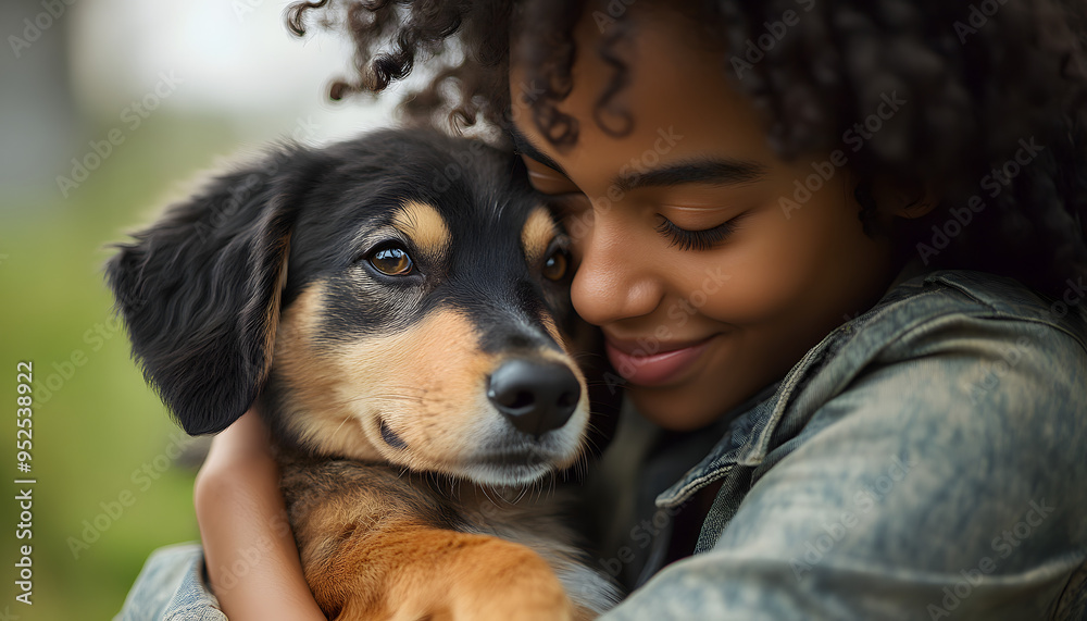 African American young woman embracing her dog. Pleased happy Afro girl ...