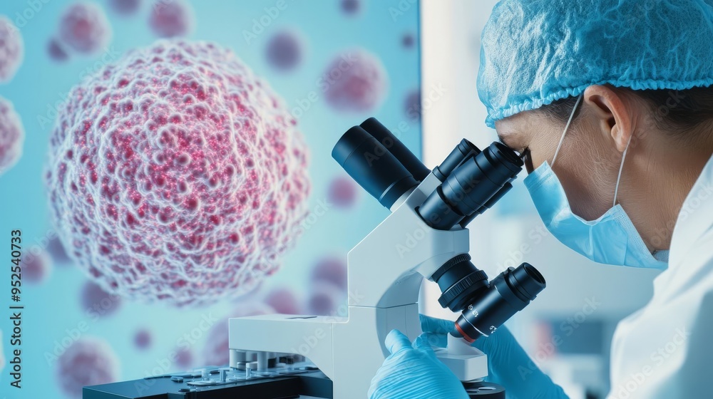 Scientist using confocal microscopy to visualize cellular structures ...