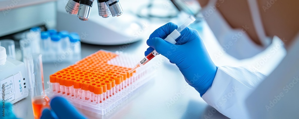 Scientist conducting a viability assay to test cell health, biological ...