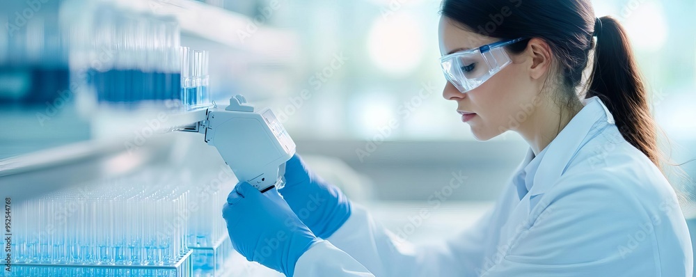 Researcher using an automated liquid handler for cell culture media ...
