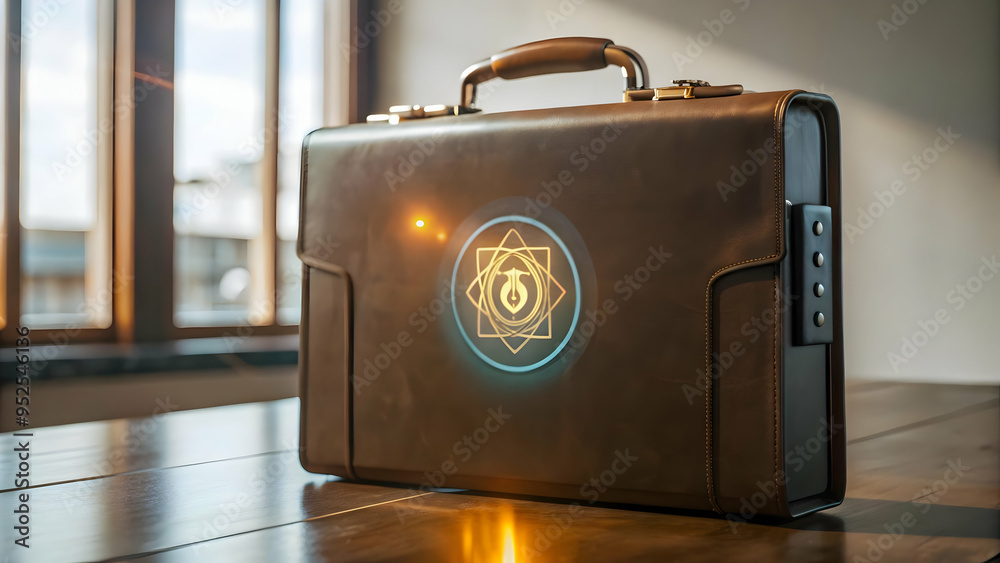 3D Holographic briefcase with Labh Pancham symbol and copy space ...