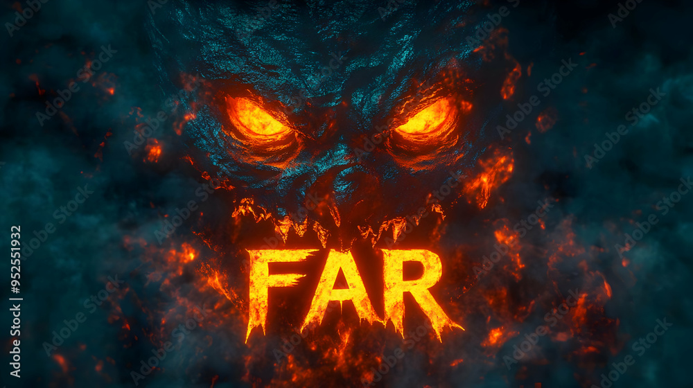 3D Glowing Abstract Demon with Fear Text concept as A sleek glowing ...