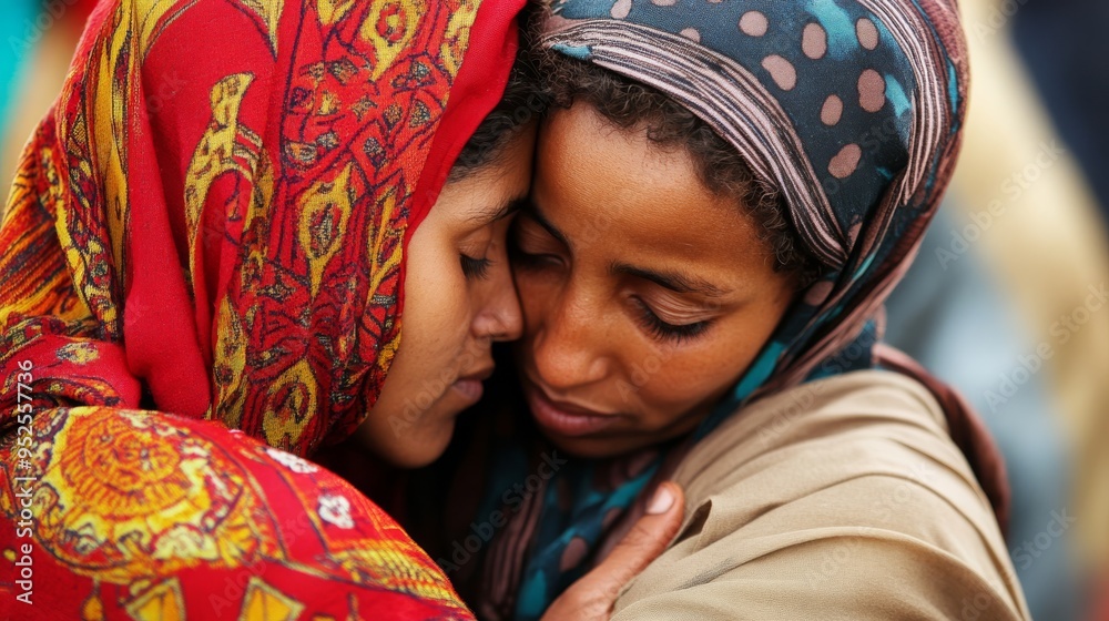 Woman comforting another woman, both wearing traditional clothing ...