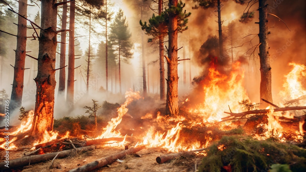 A forest engulfed in flames during a wildfire, with smoke billowing ...