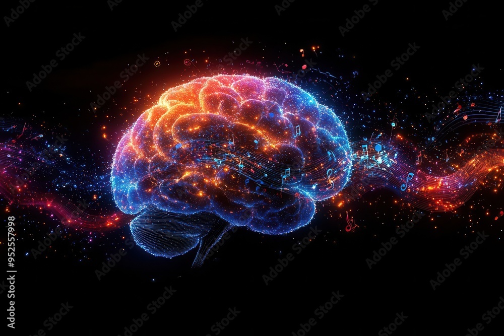 surreal digital illustration of human brain radiating colorful musical ...