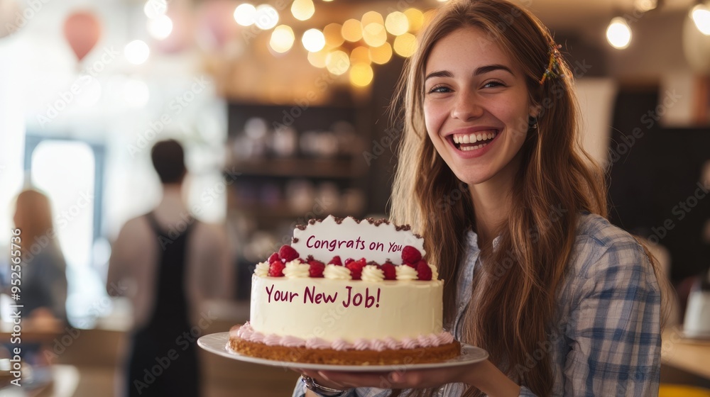 Woman with a joyful expression holding cake with Congrats to new job ...
