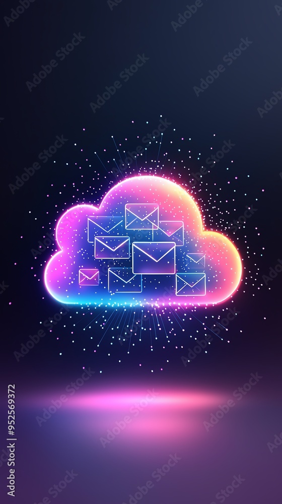 Neon-colored cloud with floating email icons representing cloud ...