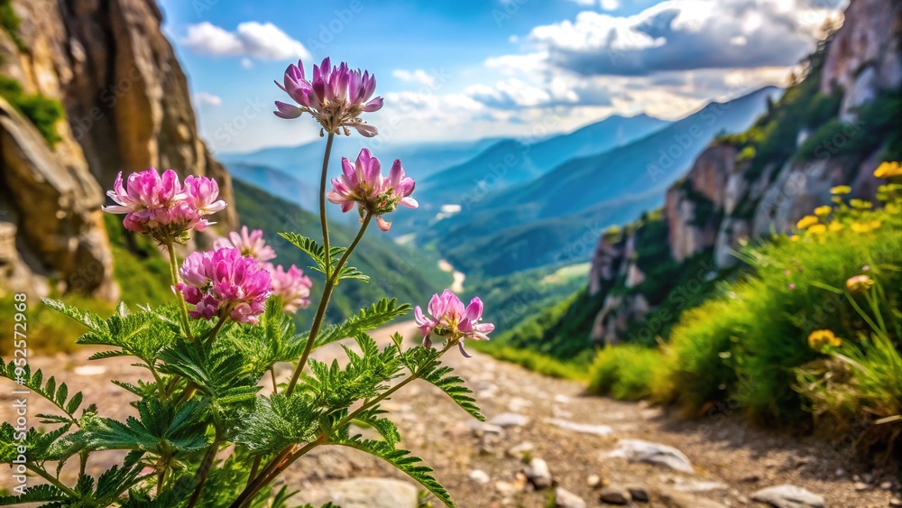A crown of golden florets adorns the rugged mountain trail, the ...
