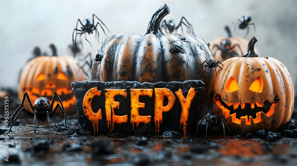 3D Pumpkin and Spider Border with Creepy Text concept as A creepy ...