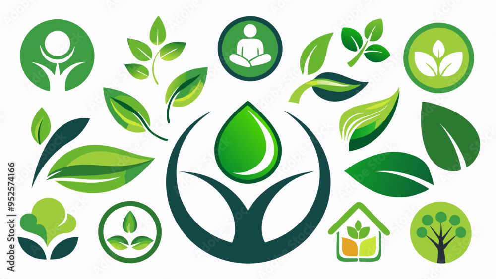 Eco-Friendly Emblems Symbols of Sustainability. circle leaves ecology ...