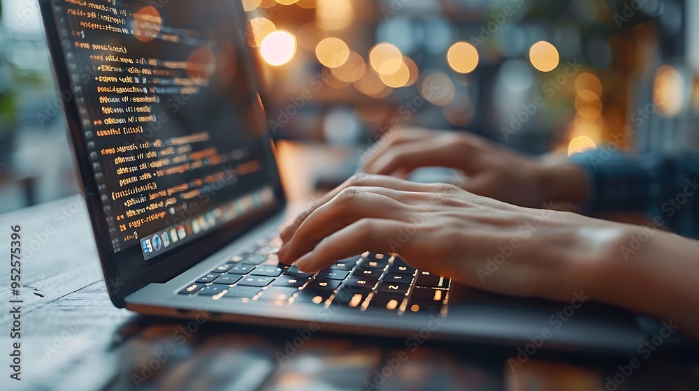Close-up of fingers typing code on a laptop, screen filled with lines ...