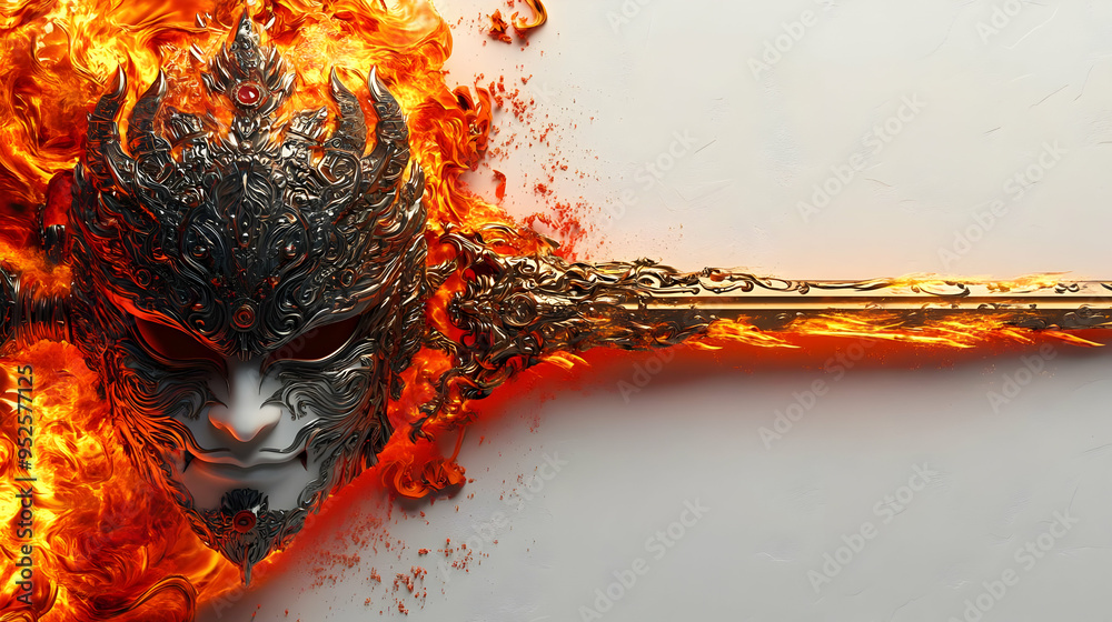 3D Ravana Mask and Flaming Sword Frame concept as Horizontal frame with ...