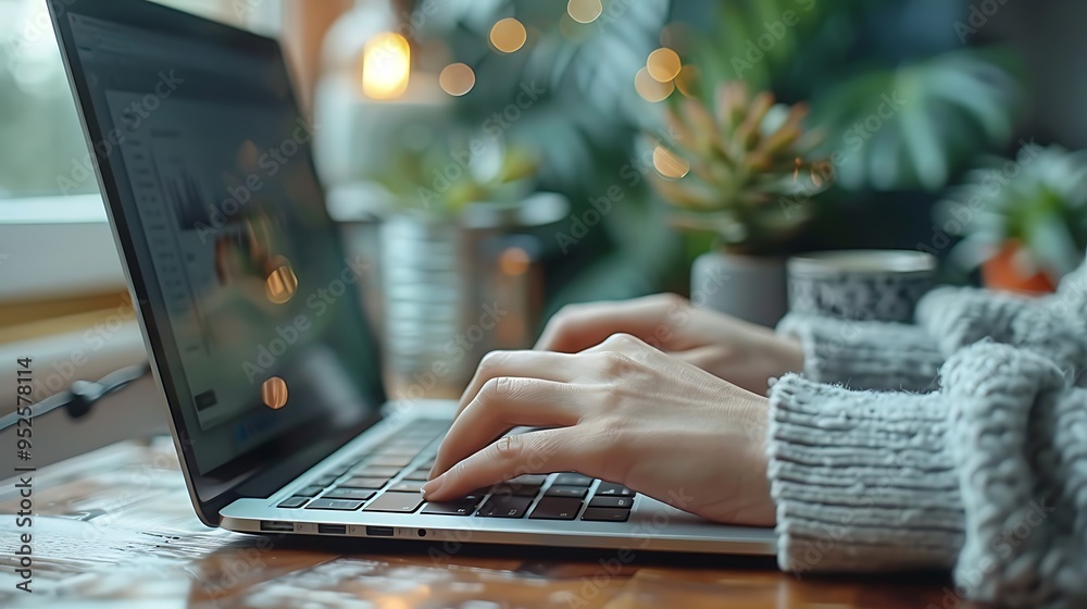 Close-up of fingers typing on a laptop with a PowerPoint slide deck ...