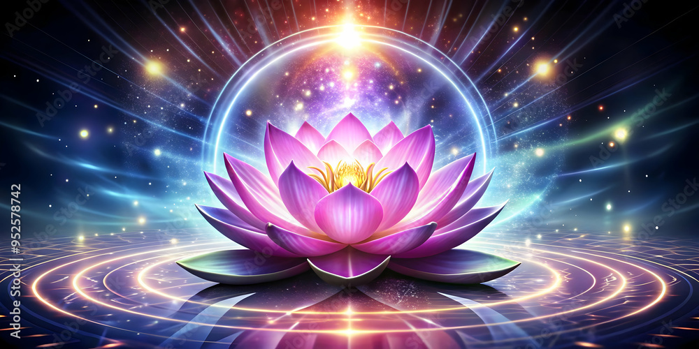 3D Abstract glowing art of a digital lotus with Labh Pancham symbols ...