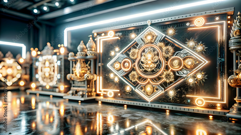 3D Neon abstract digital art of Labh Pancham prosperity with glowing ...