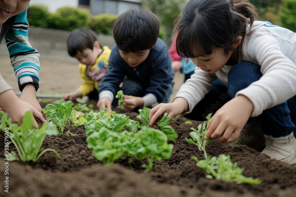 Japanese parents and children planting vegetables in a community garden ...