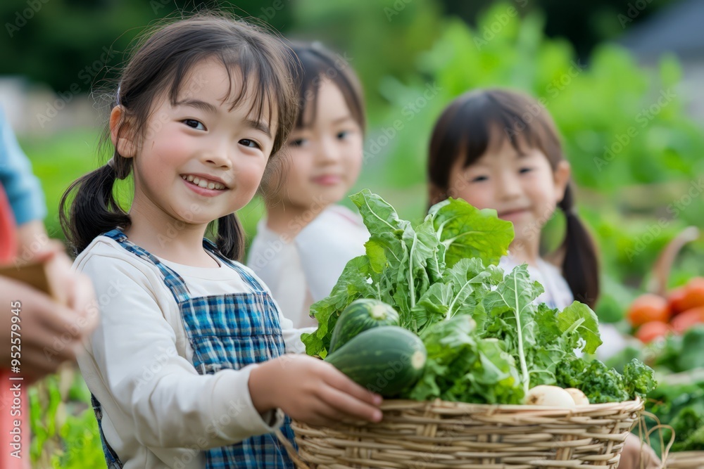 Japanese families harvesting vegetables in a community garden, with ...