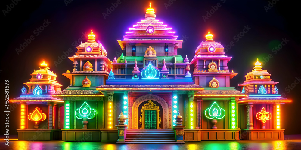 3D Glowing abstract art of a digital temple with Labh Pancham symbols ...