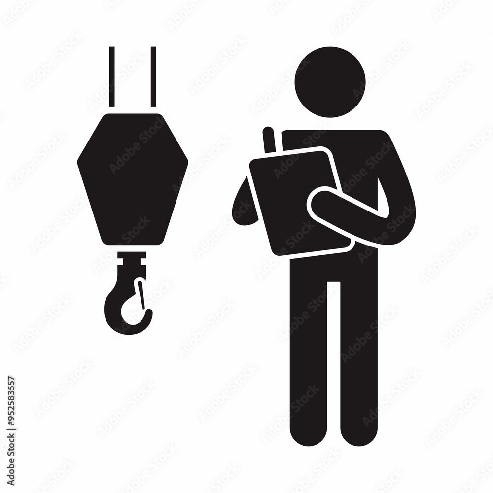 Black and white stick figure of a person conduct inspection for crane ...