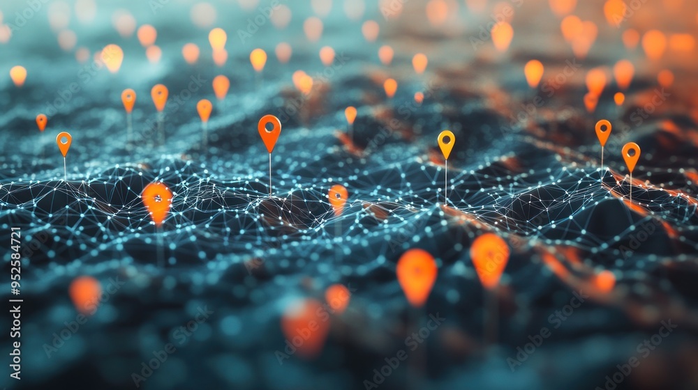 city with abstractly connected location pins, navigation concept with ...