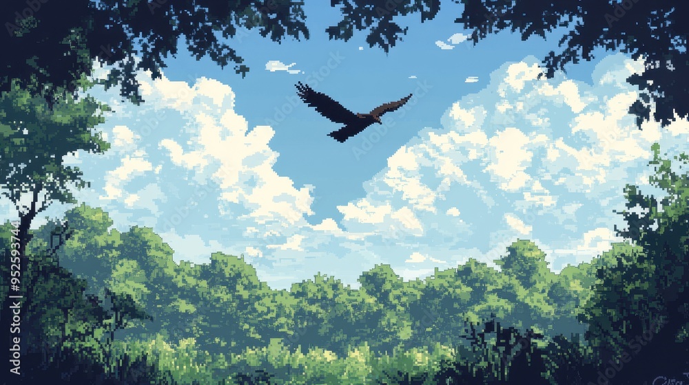 Pixelated Bird's Flight: Retro Calm in Contemporary Forest - 8-bit ...