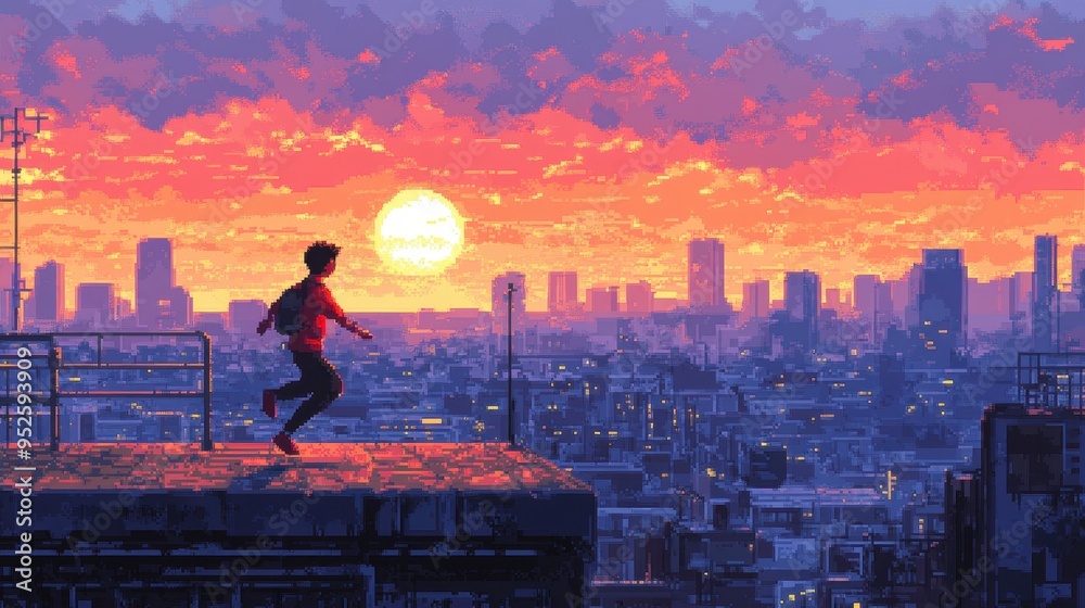 Pixelated character in 16-bit pixel art running on a pixelated rooftop ...