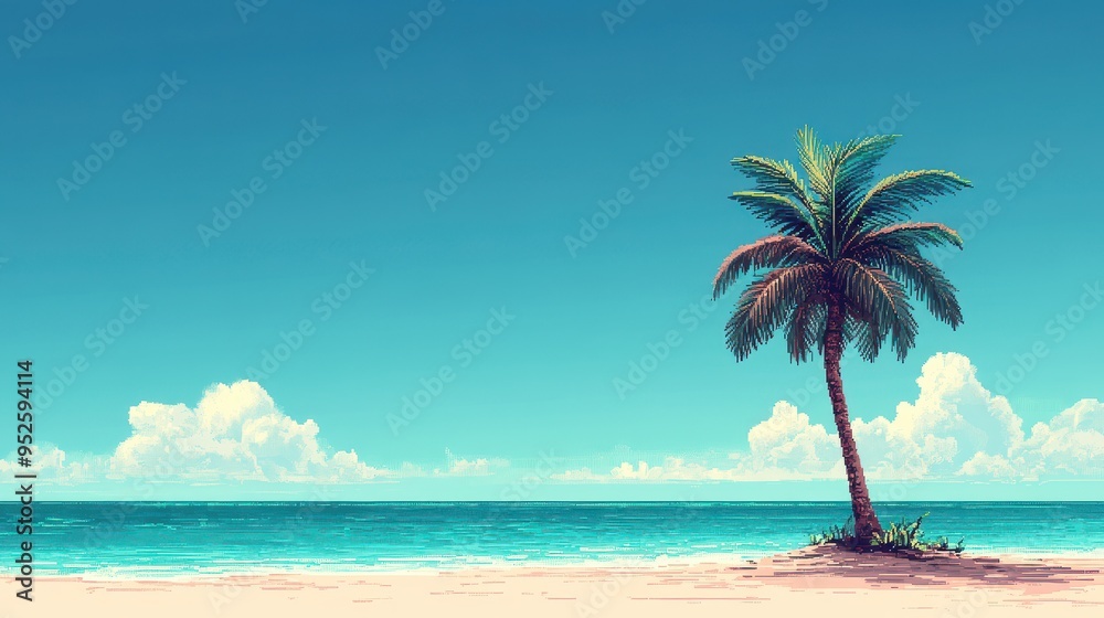 Retro Pixelated Palm Tree on Beach with Nostalgic Sky - Minimalist 8 ...